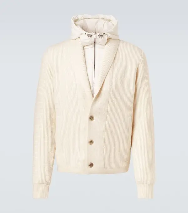 Herno Ribbed-knit Wool Cardigan With Detachable Hood - White