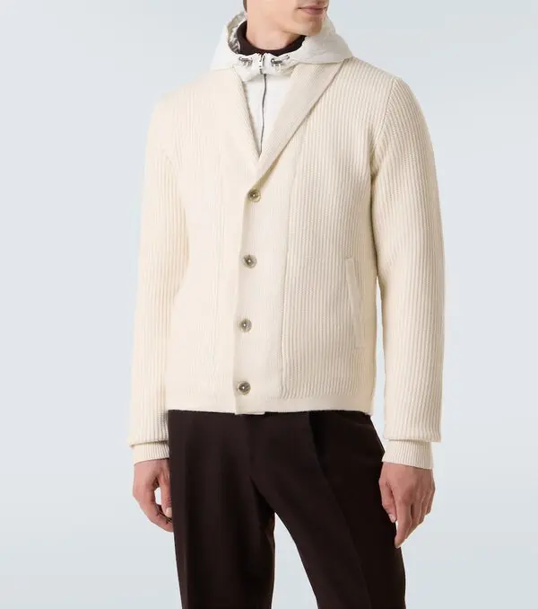 Herno Ribbed-knit Wool Cardigan With Detachable Hood - White