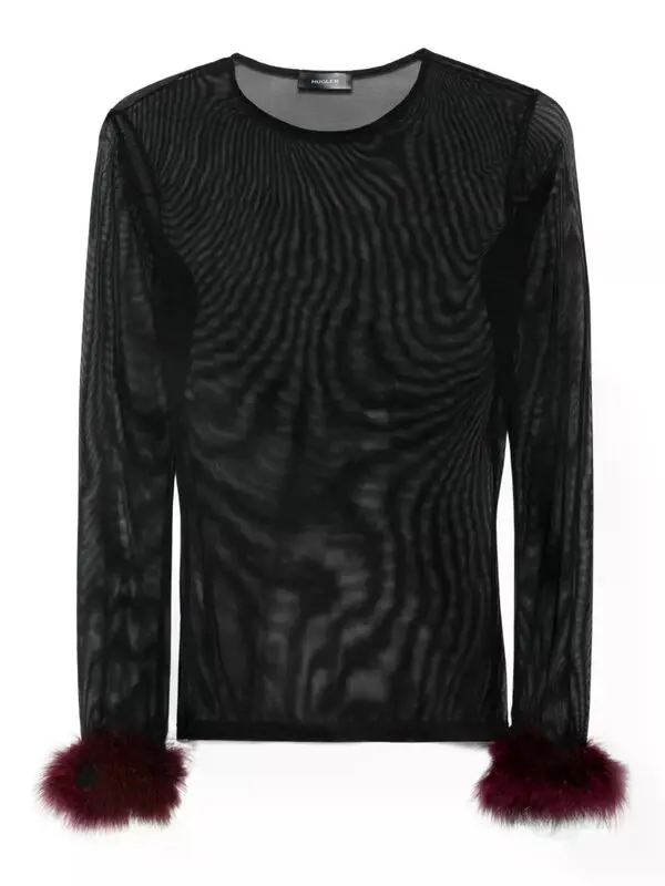 MUGLER Feather-cuff Mesh Top - Black
