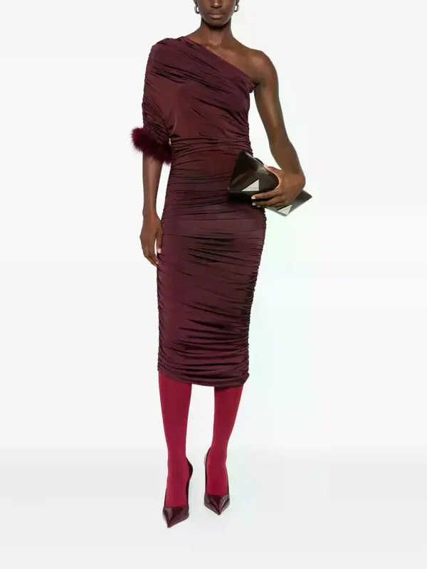MUGLER Feather-trimmed One-shoulder Midi Dress