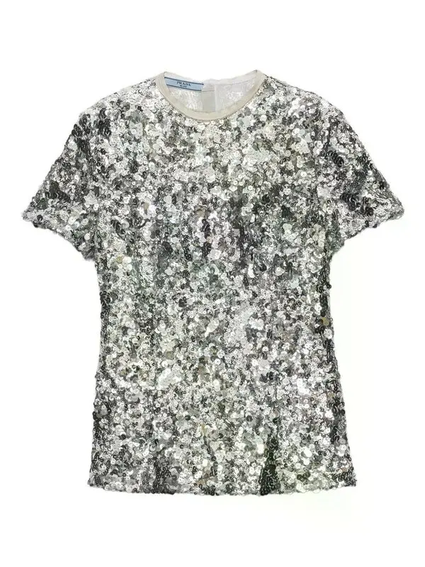 Prada Sequin Embellished Short-sleeved Blouse - Silver