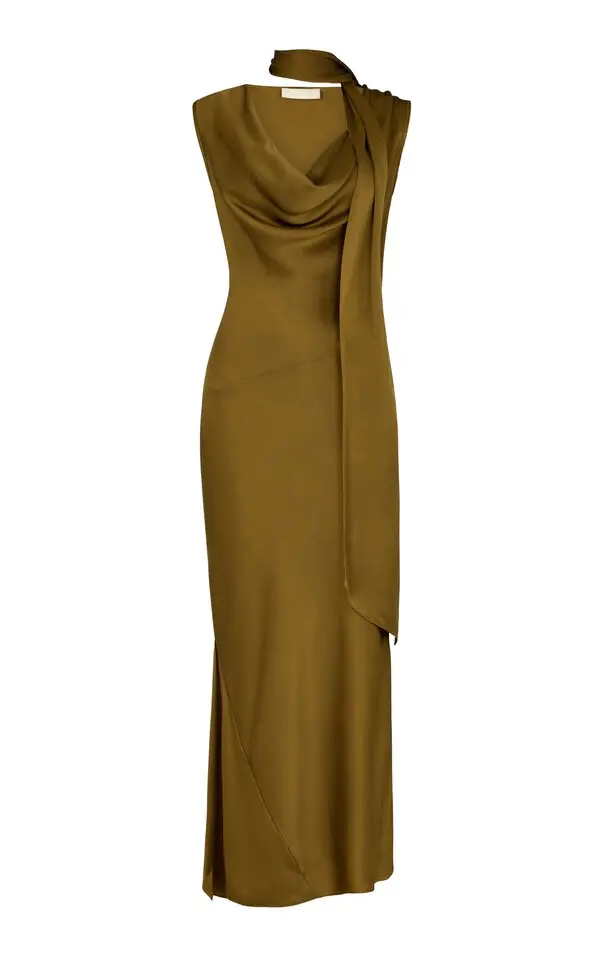 DE LA VALI Thebe Draped Silk-blend Maxi Dress - Olive