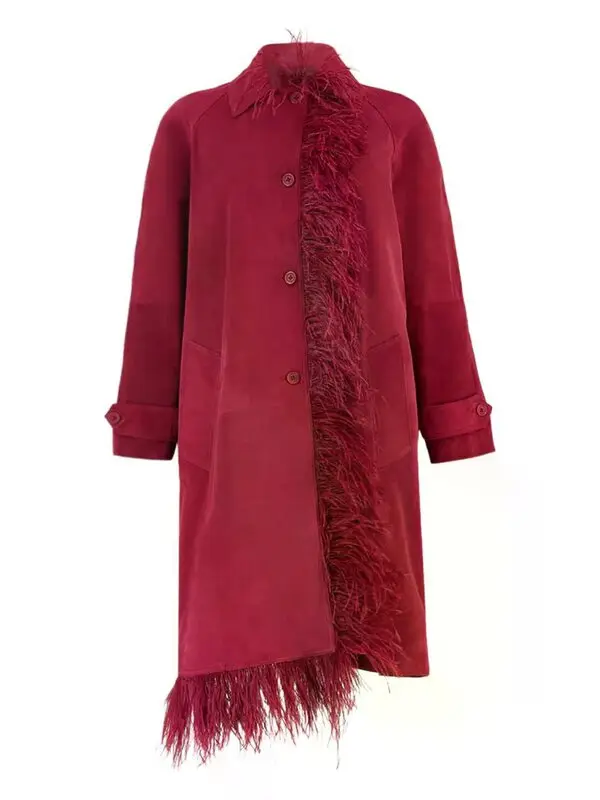 PAULA Suede Trench Coat With Feather Trim