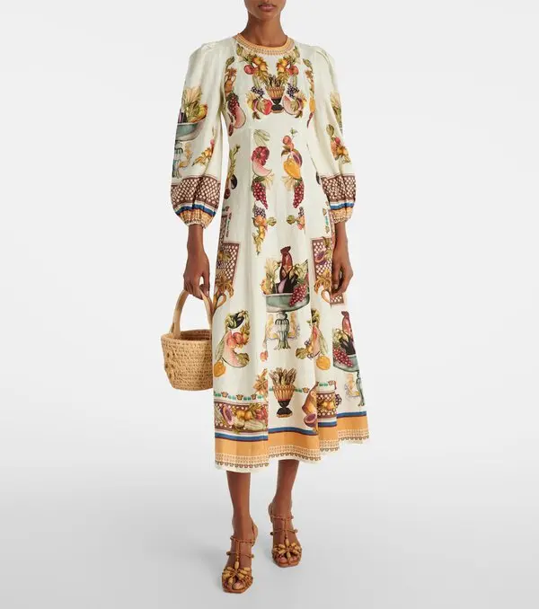 ALEMAIS Mercado Printed Linen Midi Dress