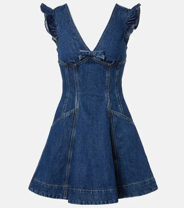 SELF-PORTRAIT Bow-detail Ruffled Denim Mini Dress - Blue