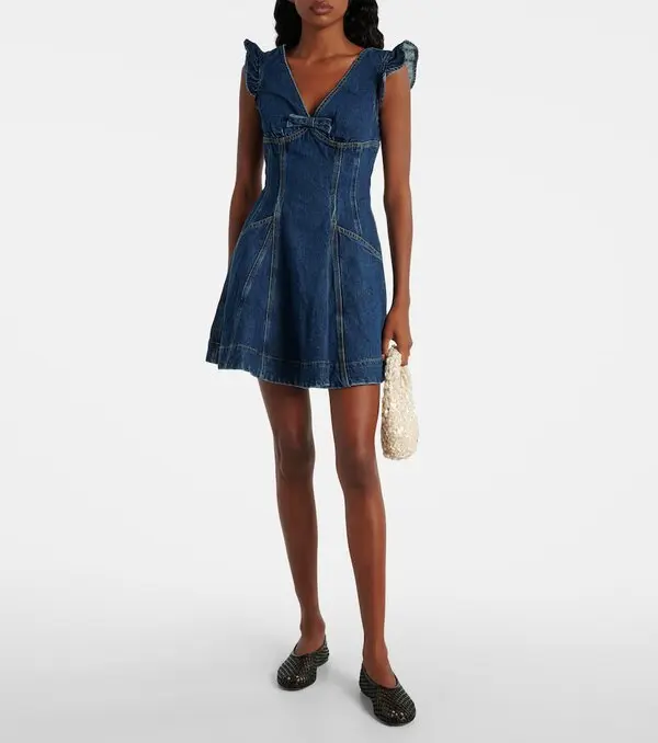 SELF-PORTRAIT Bow Detail Ruffled Denim Minidress