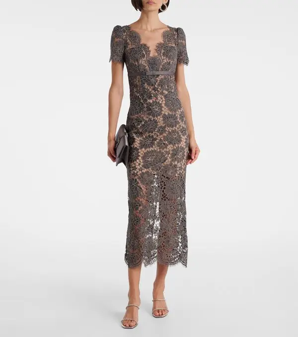 SELF-PORTRAIT Floral Lace Midi Dress - Grey