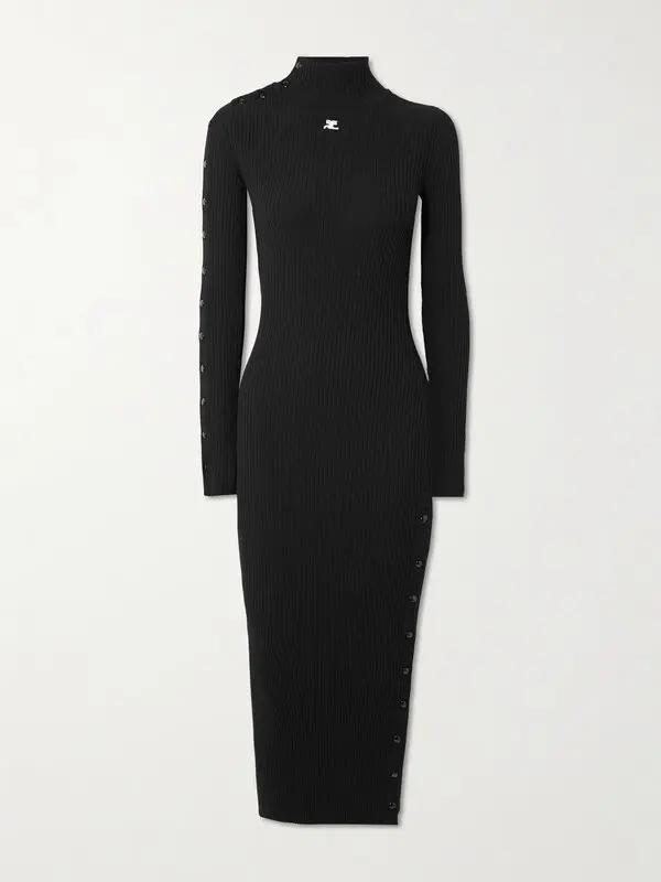 COURREGES Ribbed-knit Midi Turtleneck Dress With Embroidered Logo