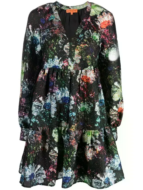 Stine Goya Jasmine Glitter Bloom-print Mini Dress - Black
