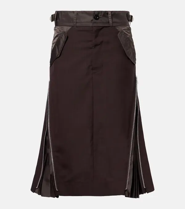 Sacai Pleated Midi Skirt With Zip Detailing - Brown