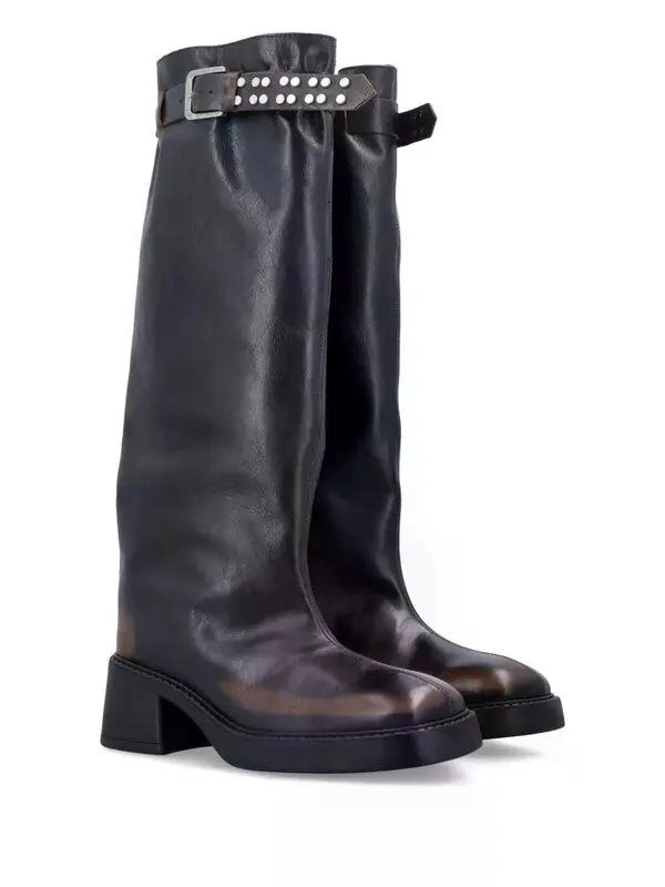 MIISTA Buckled Studded Block Heel Boots