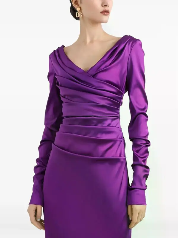 Dolce & Gabbana Midi Draped Dress With V-back And Long Sleeves
