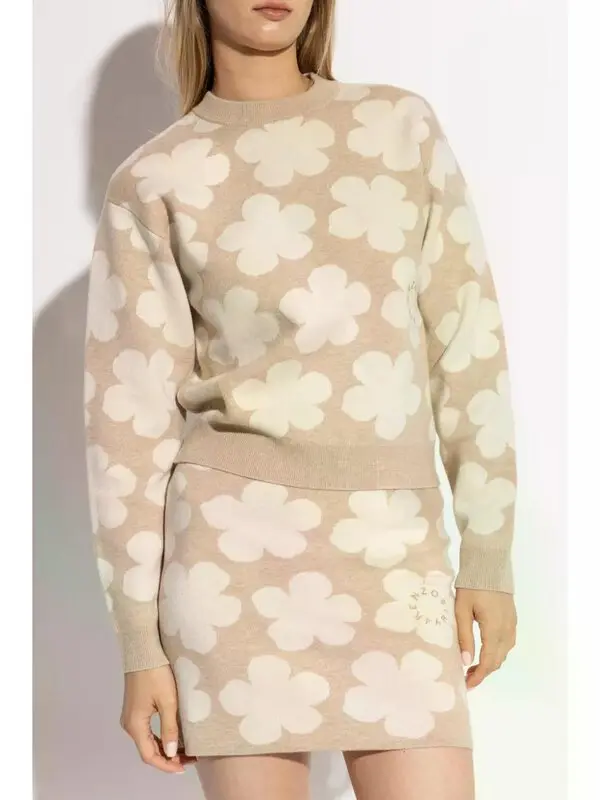 Kenzo Embroidered Logo Floral Print Crew Neck Sweater - Neutrals