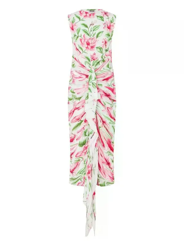 Moschino Floral Print Draped Midi Dress - White
