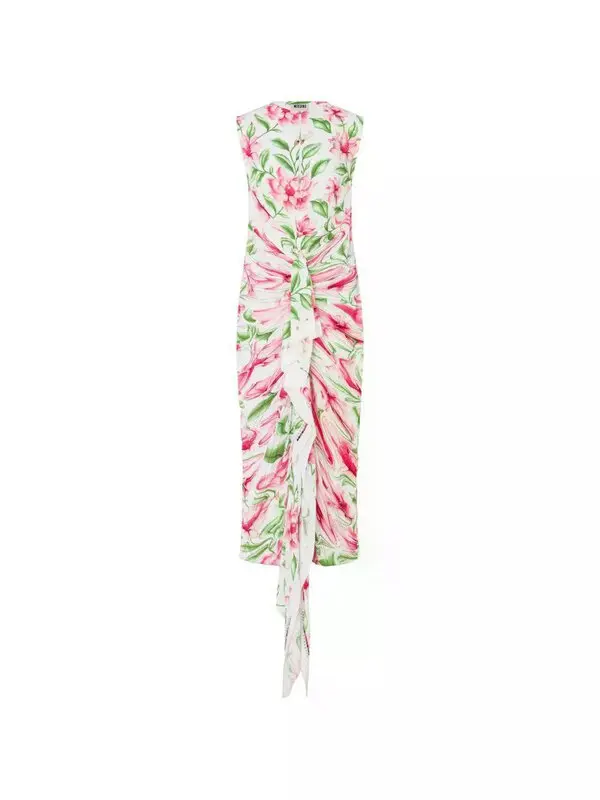 Moschino Floral Print Draped Midi Dress - White