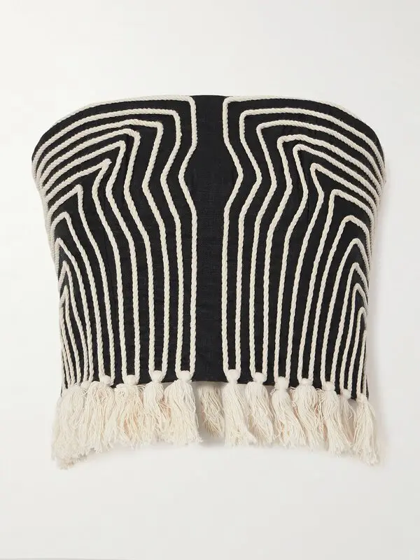 ANDRES OTALORA Cropped Strapless Embroidered Linen Top With Tassels - Black