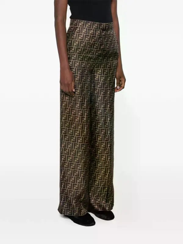 Fendi Ff Monogram Pleated Silk Wide-leg Trousers - Brown