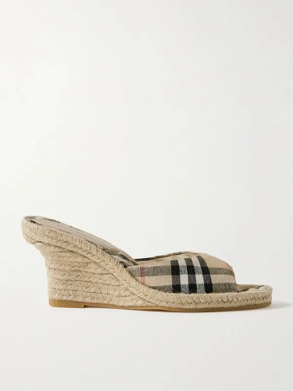 Burberry Checked Canvas-jacquard Espadrille Wedge Mules