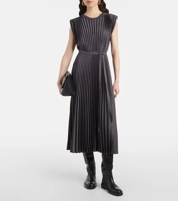 JOSEPH Volta Belted Plissé Satin Midi Dress - Grey