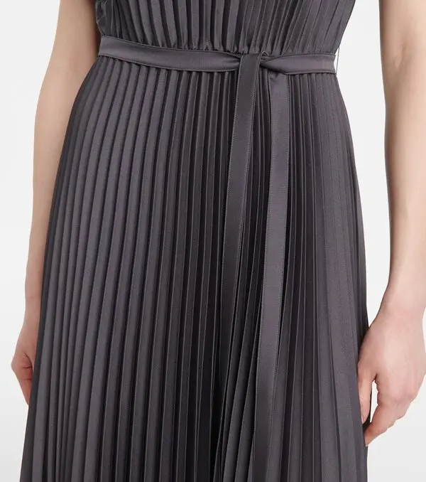 JOSEPH Volta Belted Plissé Satin Midi Dress - Grey
