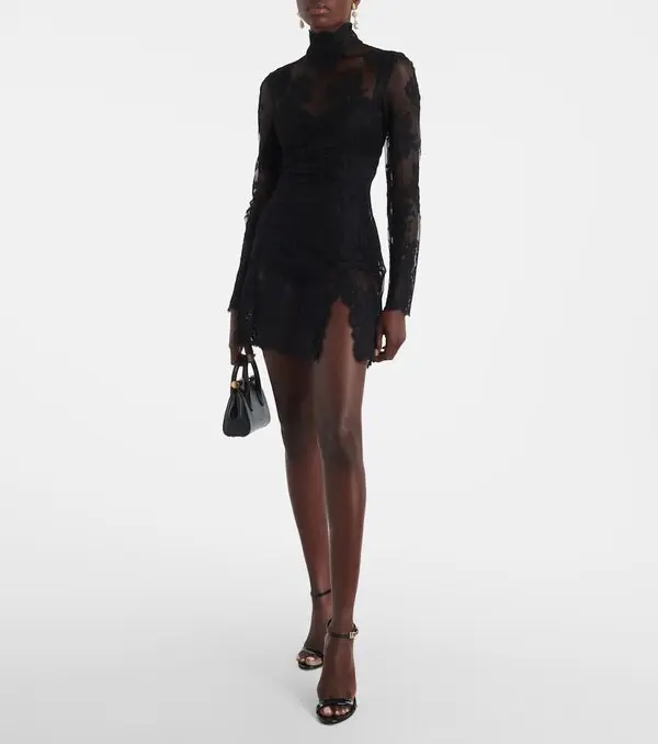 Dolce & Gabbana Cord Floral Lace Mockneck Mini Dress