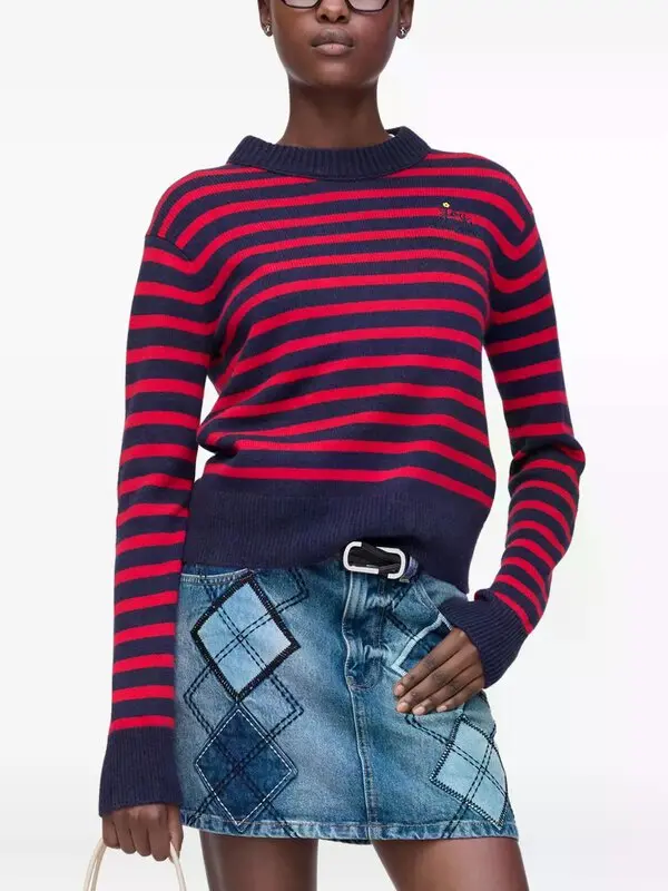 Marc Jacobs Striped Crew Neck Sweater With Flower Embellishment