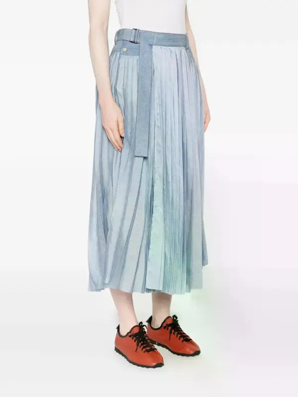 Sacai Pleated Belted Denim Midi Skirt