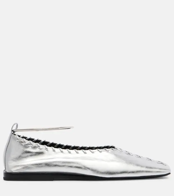 JIL SANDER Leather Ballet Flats With Tone Ankle Strap - Silver