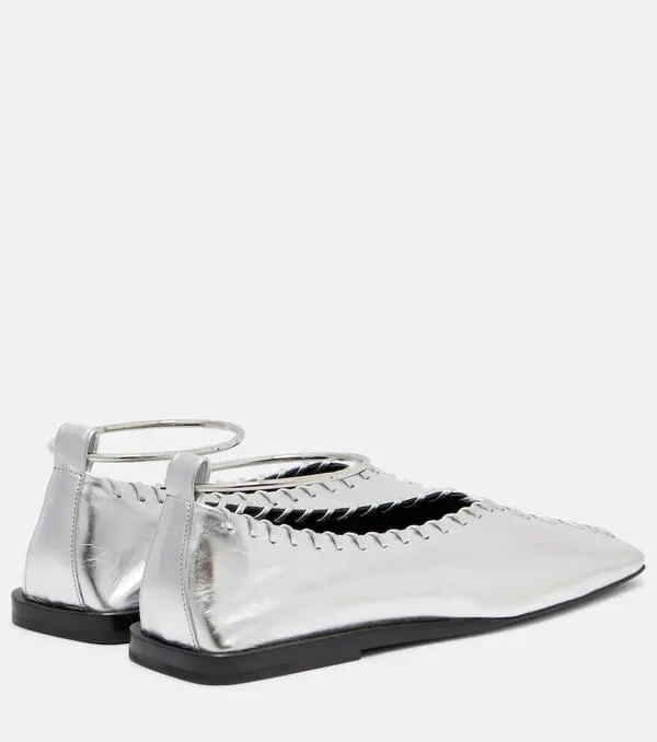 JIL SANDER Leather Ballet Flats With Tone Ankle Strap - Silver