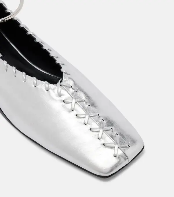 JIL SANDER Leather Ballet Flats With Tone Ankle Strap - Silver