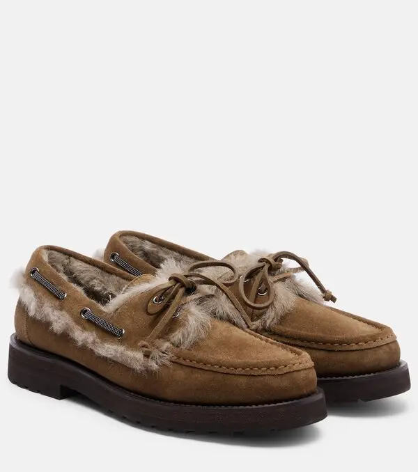 Brunello Cucinelli Shearling-lined Suede Boat Shoes - Brown