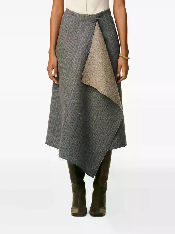 AMI Paris Wool Herringbone Wrap Midi Skirt - Grey