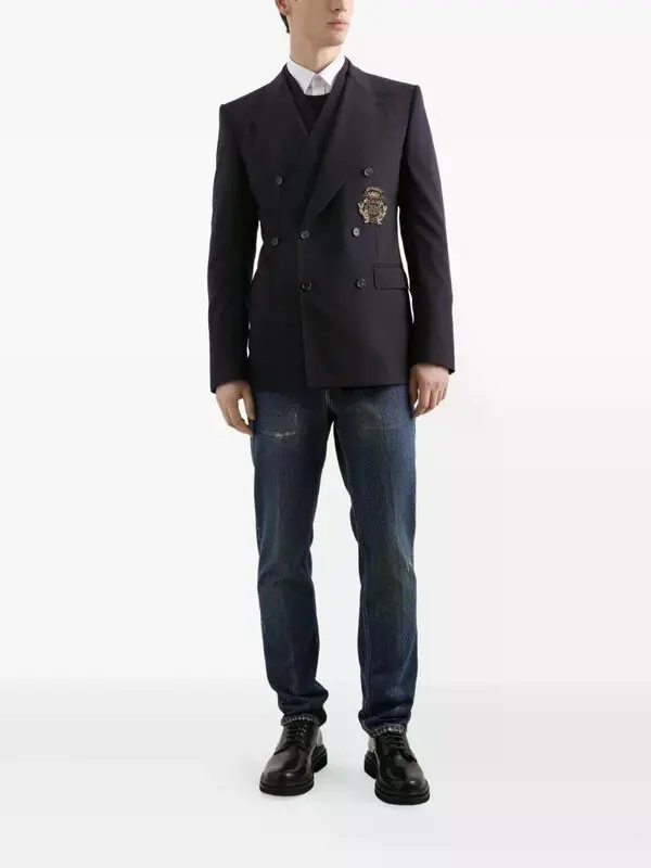 Dolce & Gabbana Double-breasted Crest-embellished Blazer - Blue