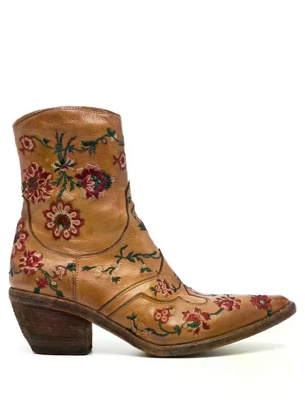 MADISON MAISON Floral Embroidered Leather Ankle Boots - Brown