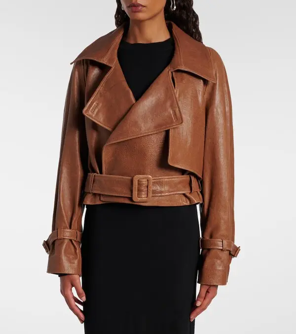 Nour Hammour Cropped Belted Leather Biker Jacket