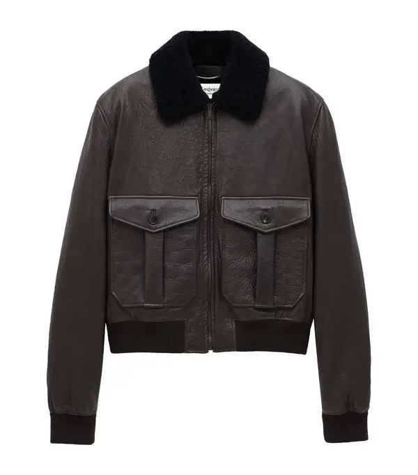 Saint Laurent Shearling Collar Leather Bomber Jacket