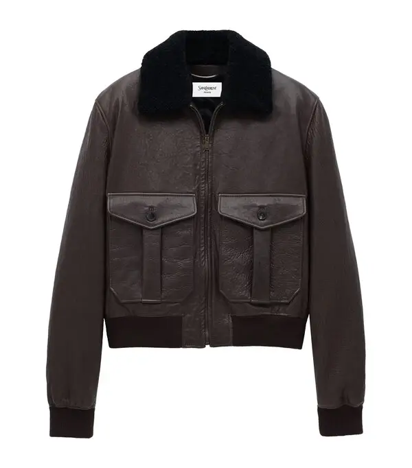Saint Laurent Shearling Collar Leather Bomber Jacket