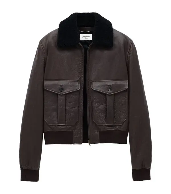 Saint Laurent Shearling Collar Leather Bomber Jacket