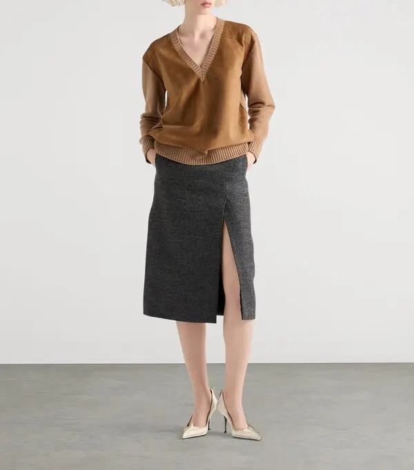Prada Midi Skirt With Slit Detail - Grey