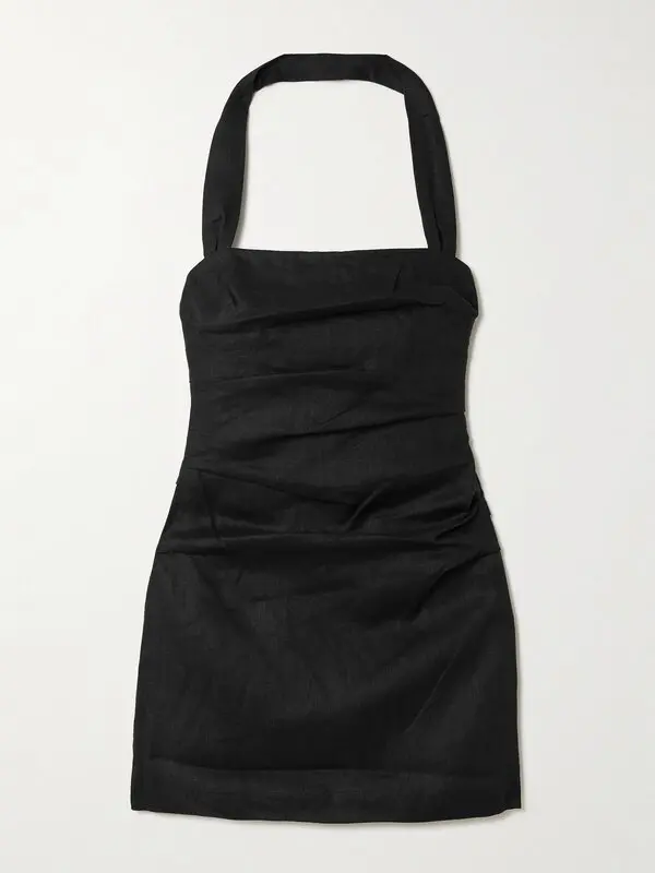 SIR. The Noemi Ruched Linen Halterneck Mini Dress - Black