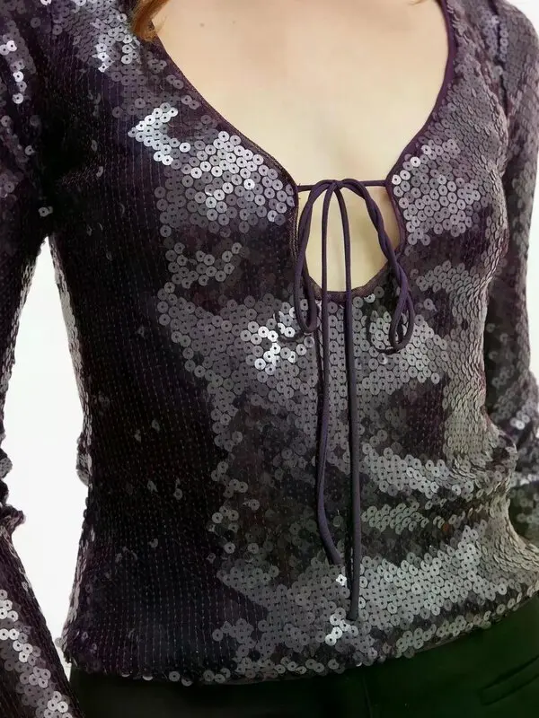 Bardot Sequinned Tie-neck Top