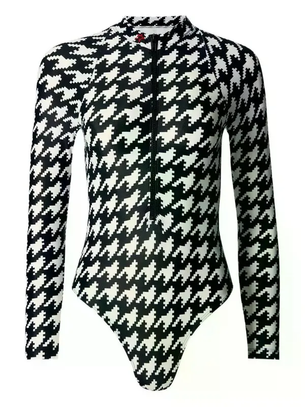 Perfect Moment Houndstooth Long-sleeve Half-zip Swimsuit - Black