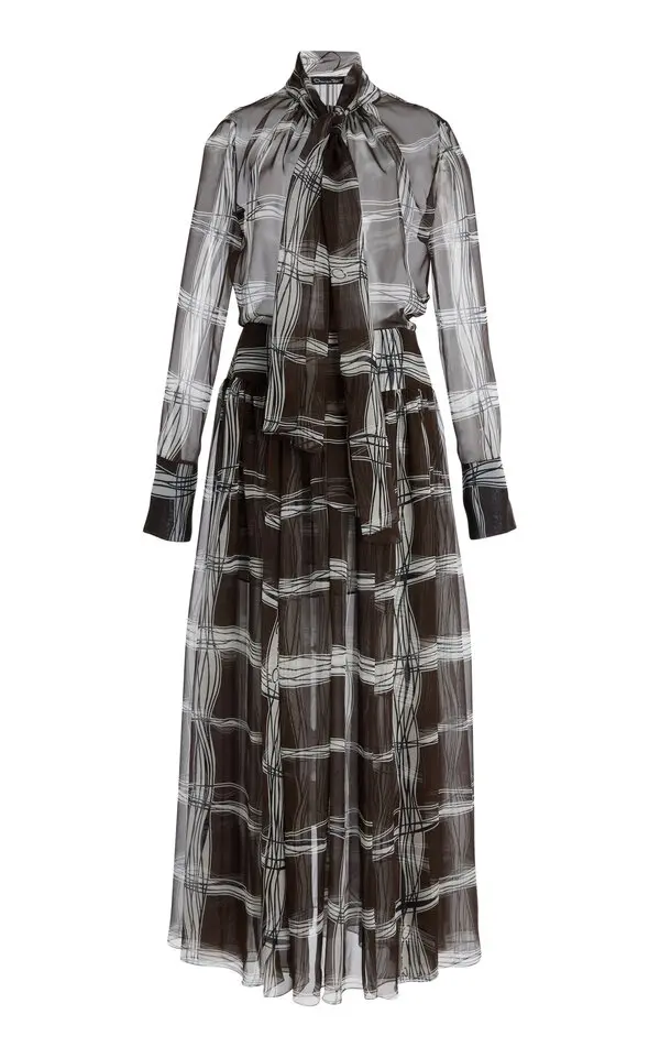 Oscar De La Renta Silk Chiffon Checked Maxi Shirt Dress - Multi