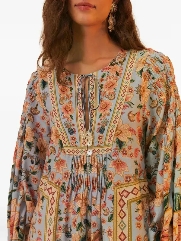 Farm Rio Floral Print Midi Dress With Tie Detail - Blue