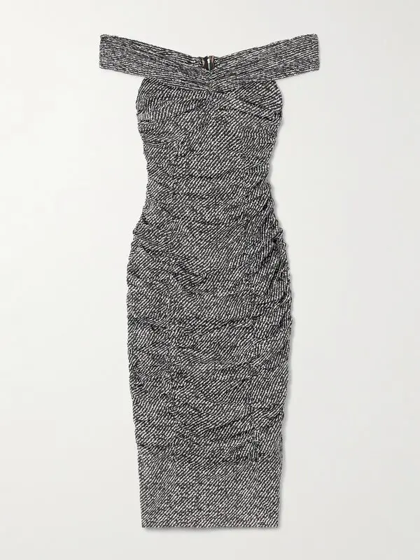Dolce & Gabbana Off-the-shoulder Gathered Printed Silk-blend Midi Dress - Gray