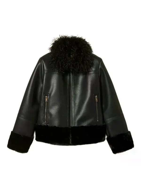 TWINSET Faux Leather And Fur Trimmed Coat - Black