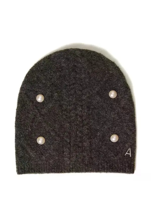 TWINSET Pearl Embellished Cable Knit Beanie Hat - Grey