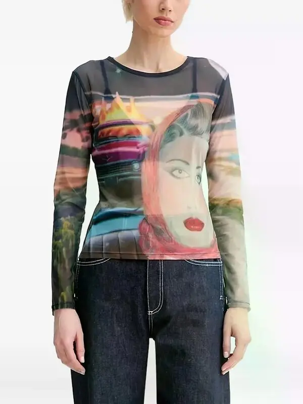 Sunnei Sheer Mesh Printed Long-sleeve Top
