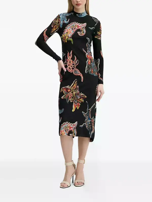 Desigual Ribbed Abstract Print Midi Dress - Black