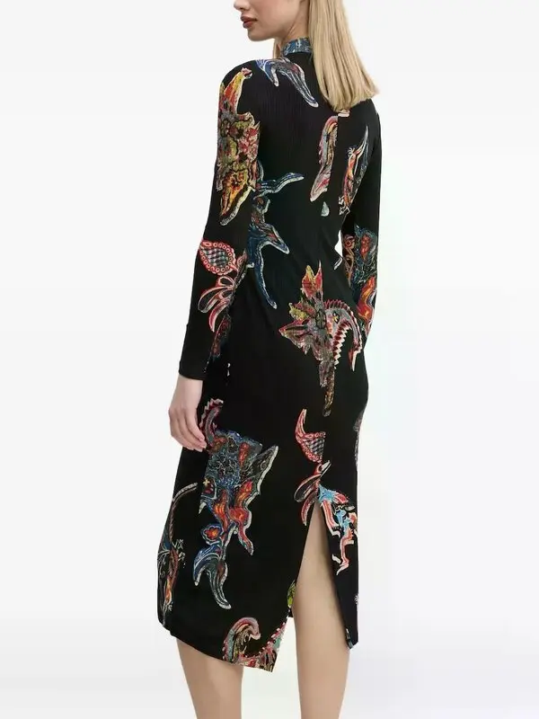 Desigual Ribbed Abstract Print Midi Dress